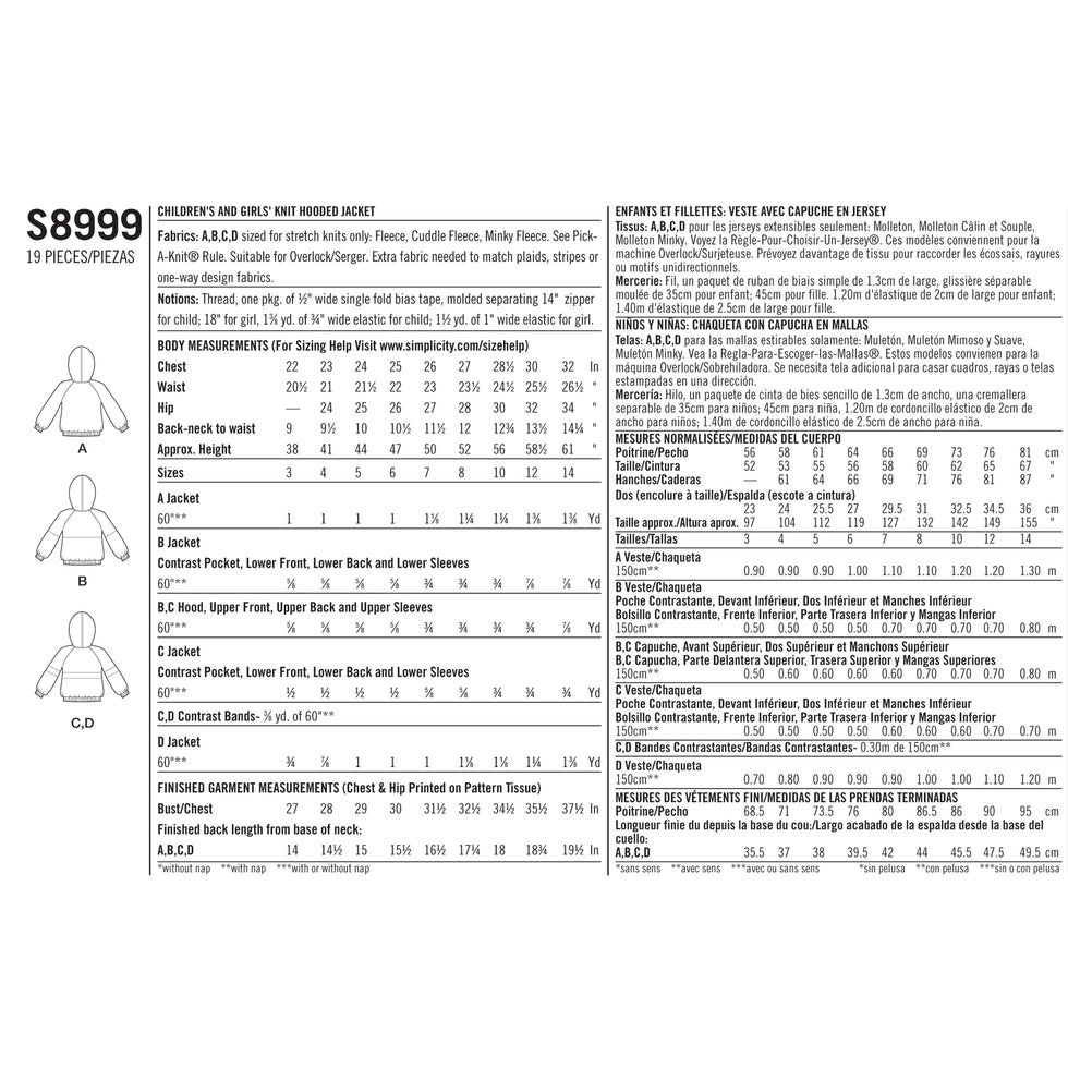 Simplicity Sewing Pattern S8999 - Children's and Girls' Knit Hooded Ja ...