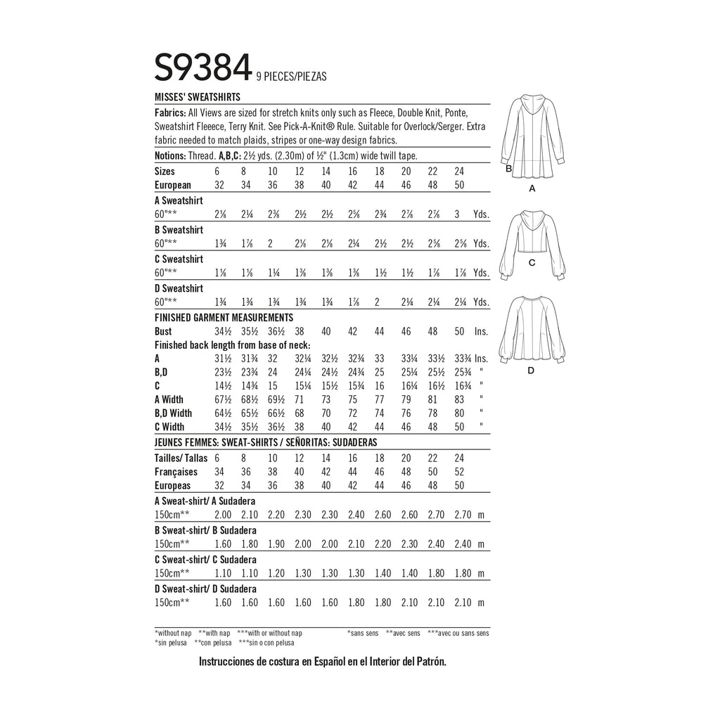Simplicity Sewing Pattern S9384 - Misses' Sweatshirts – My Sewing Box