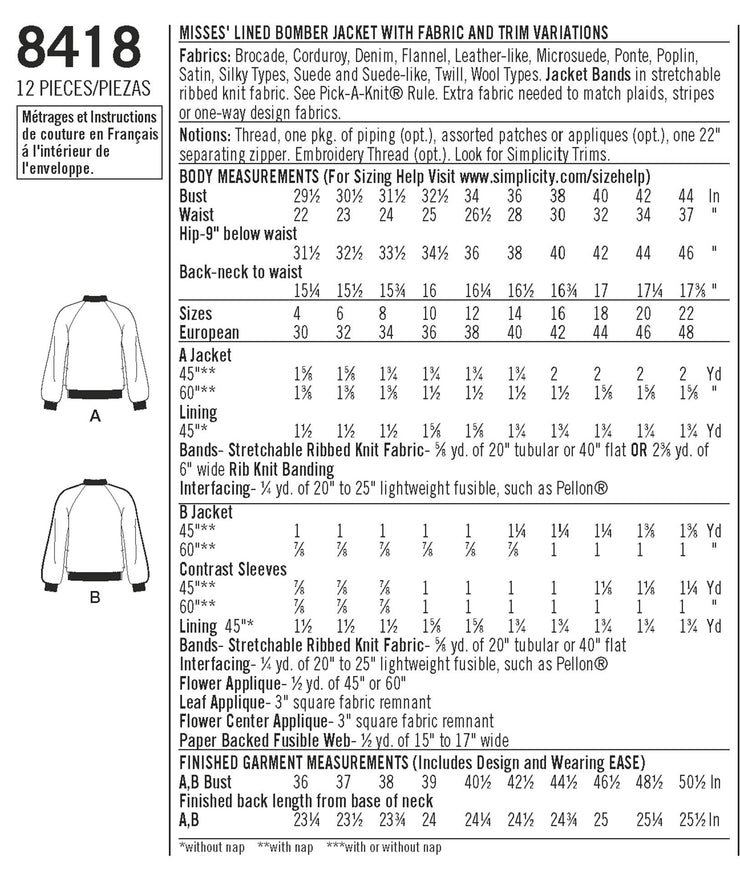 Simplicity 8418 - Women's Lined Bomber Jacket with Fabric & Trim ...