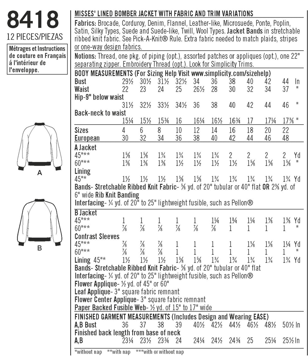 Simplicity 8418 - Women's Lined Bomber Jacket with Fabric & Trim ...