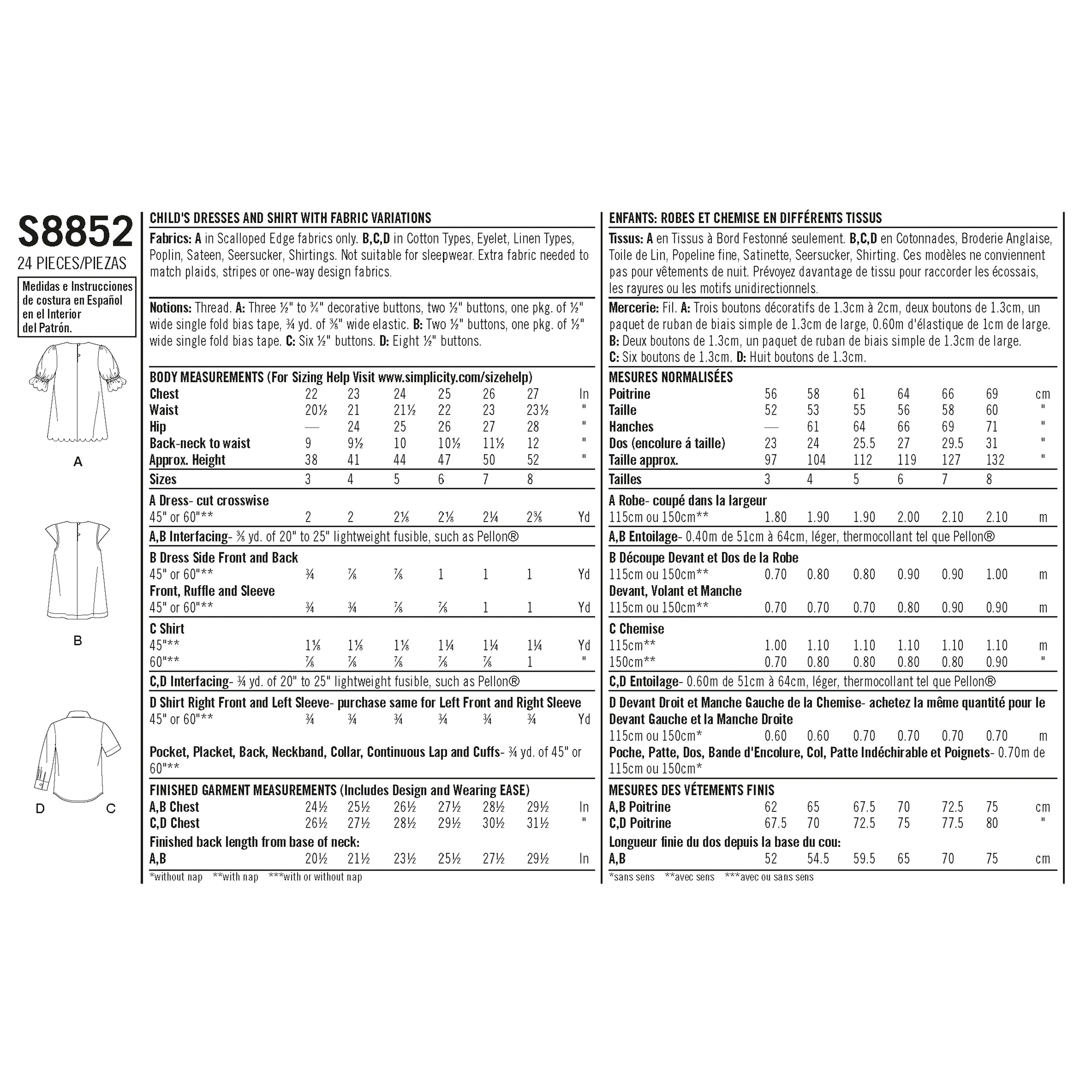 Simplicity S8852 - Child's Dresses and Shirt | Sewing Pattern – My ...