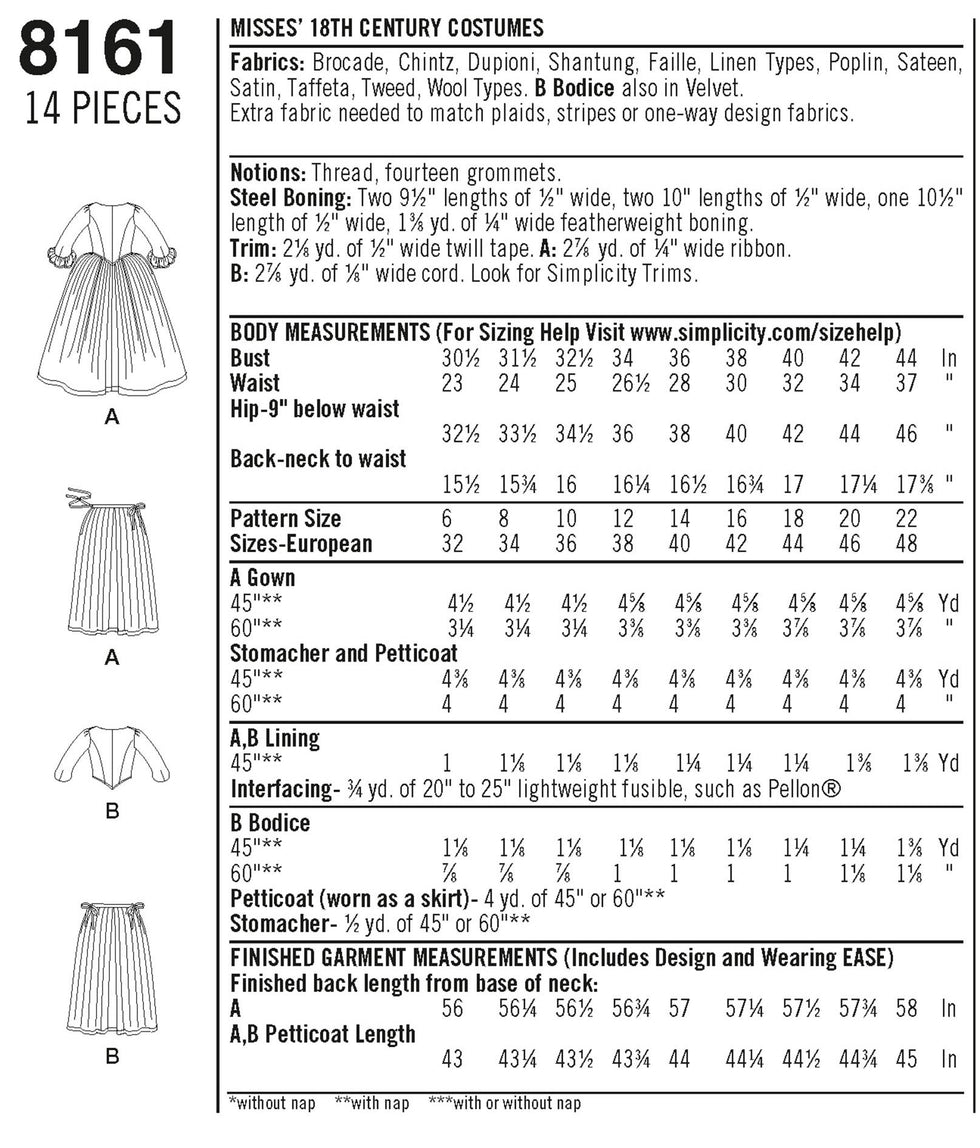 Simplicity 8161 - Women's 18th Century Costumes | Sewing Patterns – My ...