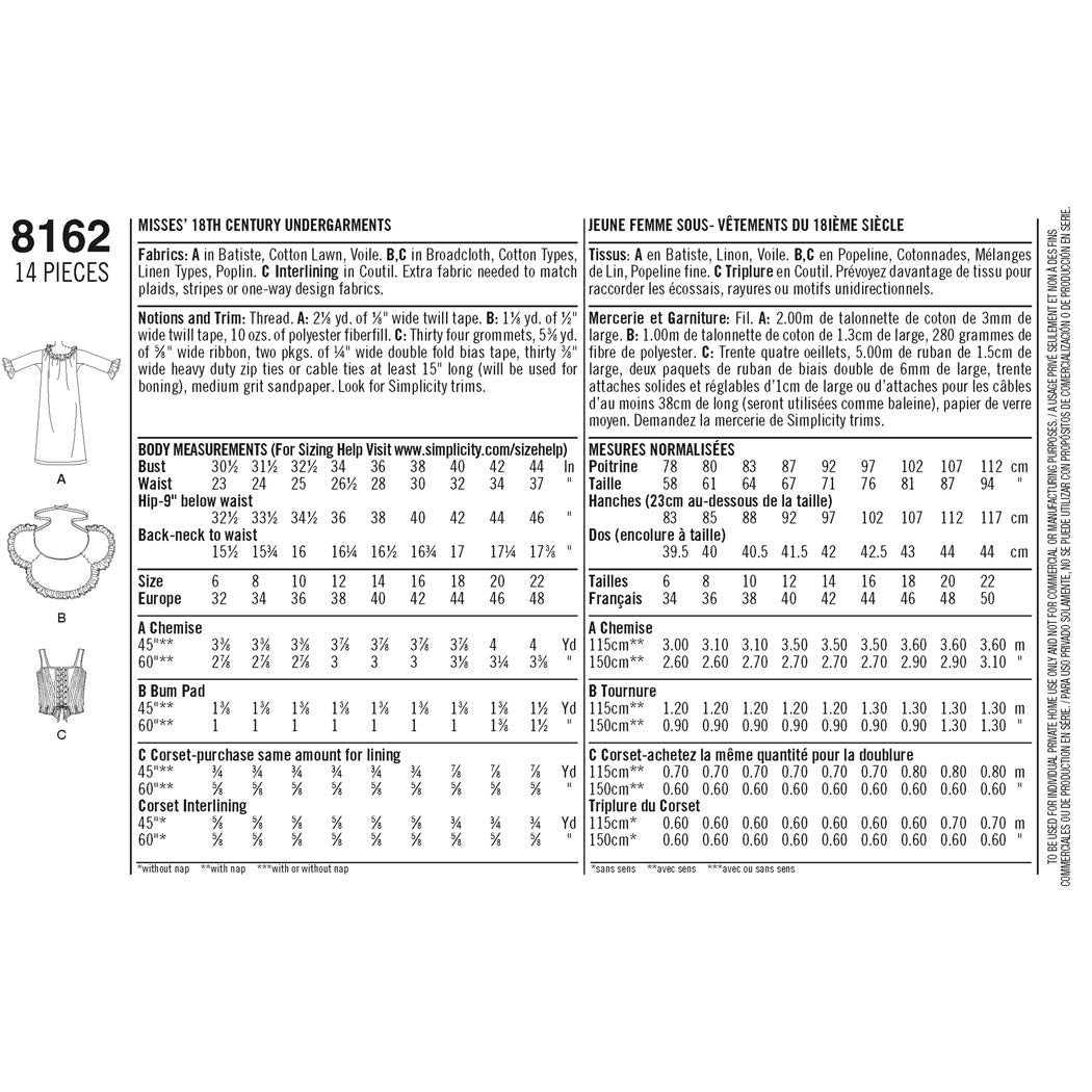 Simplicity 8162 - Women's 18th Century Undergarments | Sewing Patterns ...