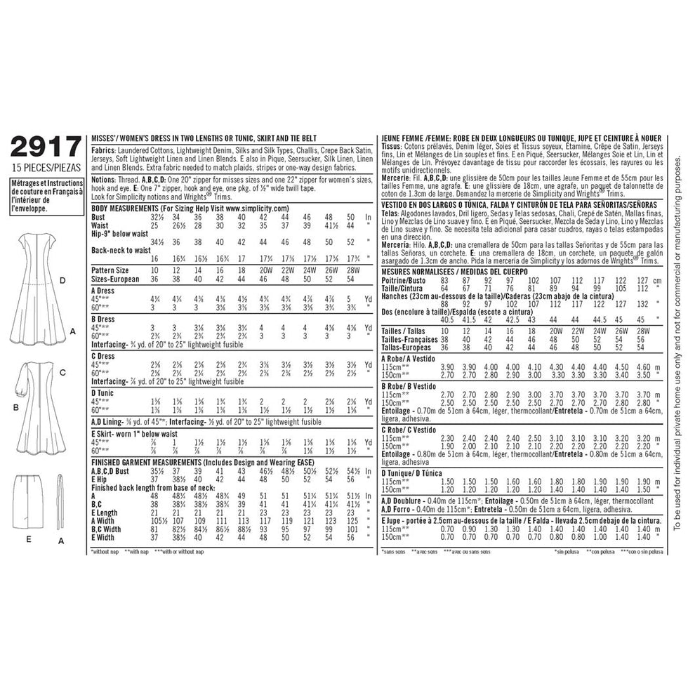 Simplicity 2917 - Women's or Plus Size Dresses, Tunic, Skirt and Tie ...