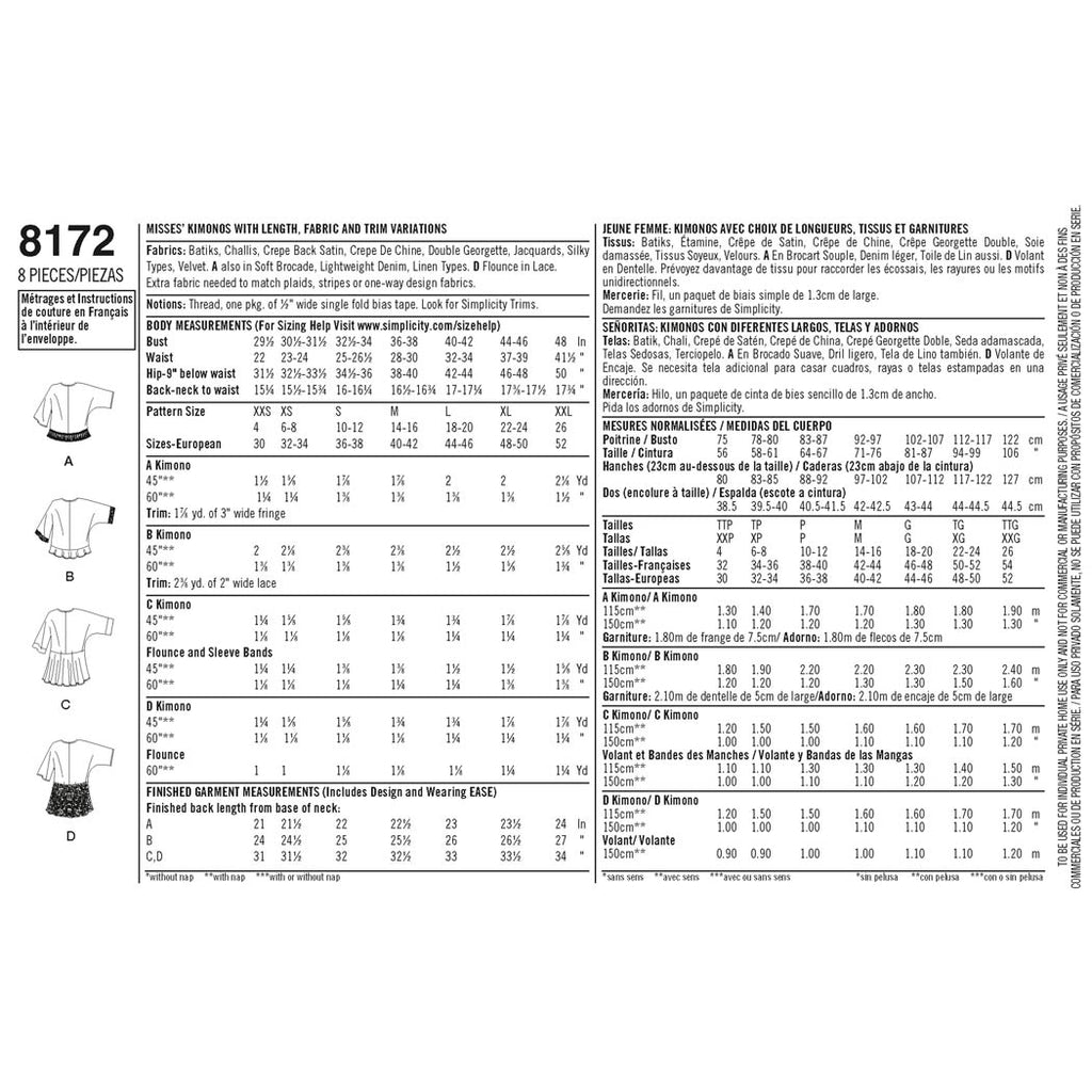 Simplicity 8172 - Women's Fashion Kimonos with Length, Fabric and Trim ...