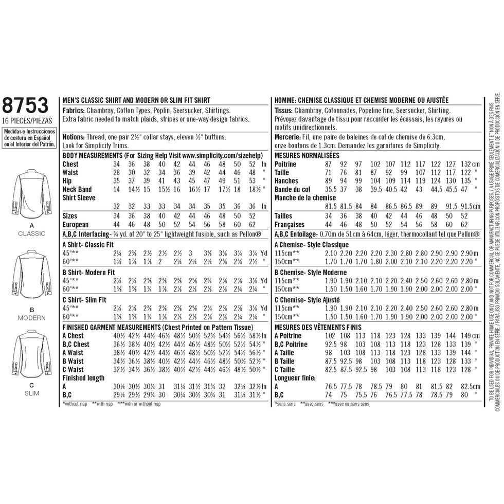 Simplicity 8753 - Men's Classic, Modern and Slim Fit Shirt | Sewing ...