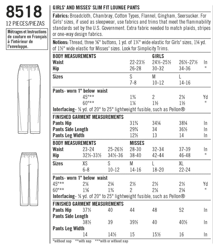 Simplicity S8518 - Girls' and Misses' Slim Fit Lounge Trousers | Sewing ...